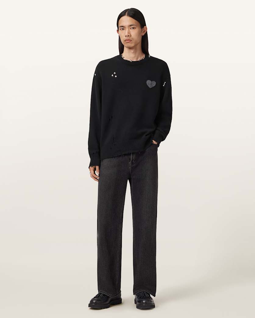 Theo Distressed Embroidered Sweater Black | ALLSAINTS US